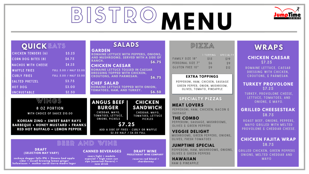 Jump Time Bistro and Café Menu | Jump Time Food Services