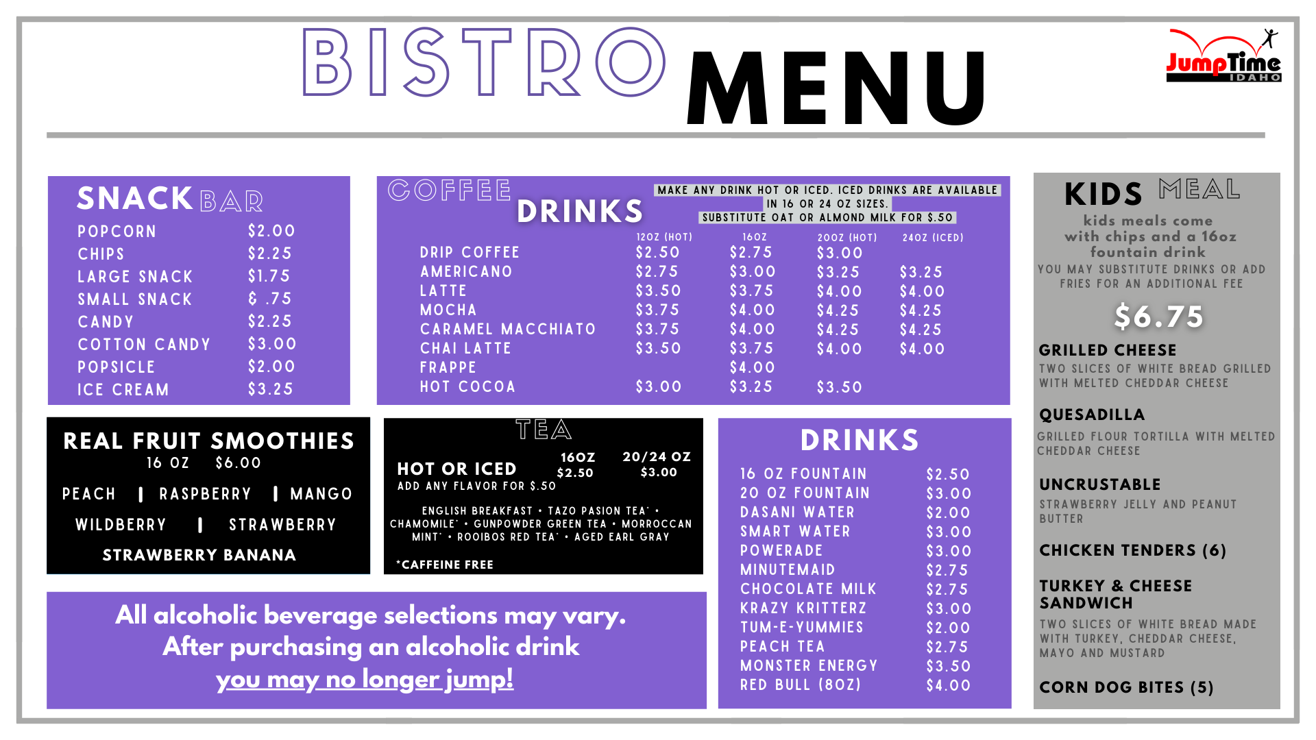 Jump Time Bistro and Café Menu | Jump Time Food Services